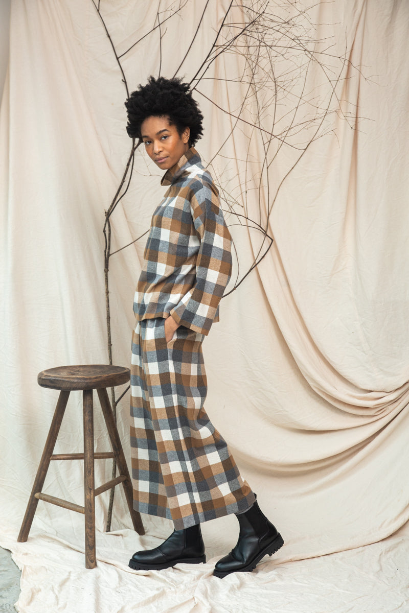 Evora-Cay Recycled Cotton Blend Brushed Twill Check Trousers in Tan Ch ...