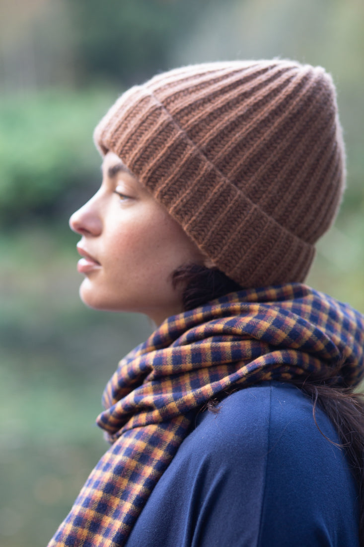 Lenka-Cay Organic Cotton Brushed Twill Check Scarf in Navy & Mustard C ...