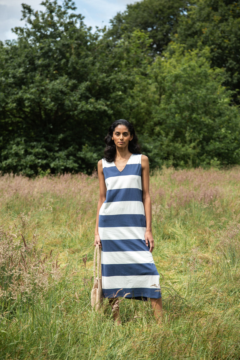 Riva-Sue Organic Cotton Dress in Midnight/ White Bold Stripe Sample ...